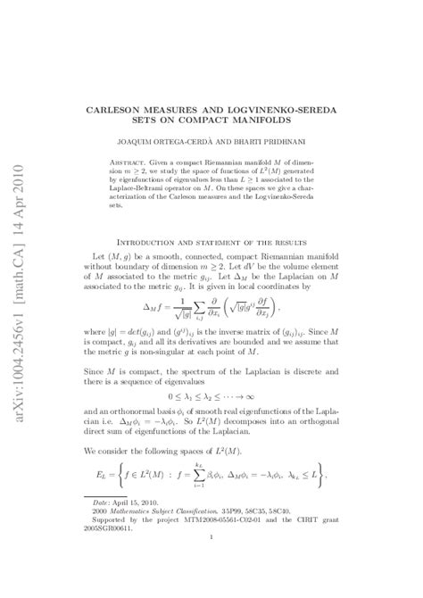 Pdf Carleson Measures And Logvinenkosereda Sets On Compact Manifolds