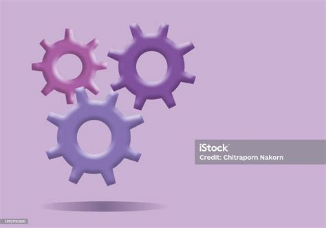 파스텔 배경에 그림자가있는 보라색 기어 엔지니어링 및 팀 또는 팀워크 개념 3차원 형태에 대한 스톡 벡터 아트 및 기타 이미지 3차원 형태 기어 기계 부분 파스텔