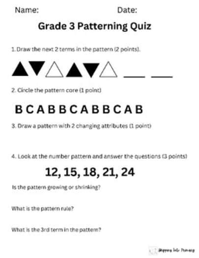 Grade 3 Patterning Quiz By Skipping Into Primary Tpt