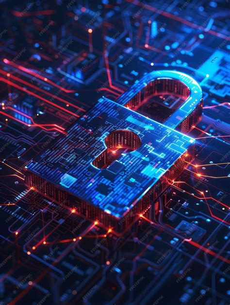 Digital Padlock For Computing System On Dark Blue Background Cyber Security Technology Premium