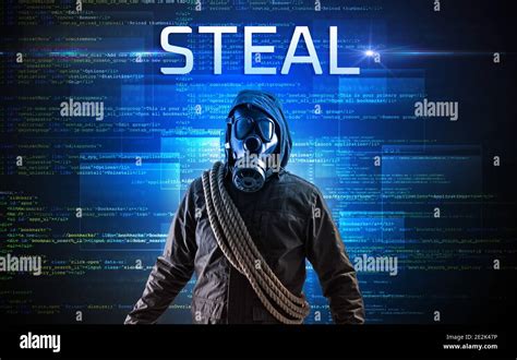 faceless hacker with steal inscription on a binary code background
