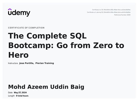 Mohd Azeemuddin Baig On Linkedin Sql Udemy Udemycertification Coursecompletion Sqldatabase