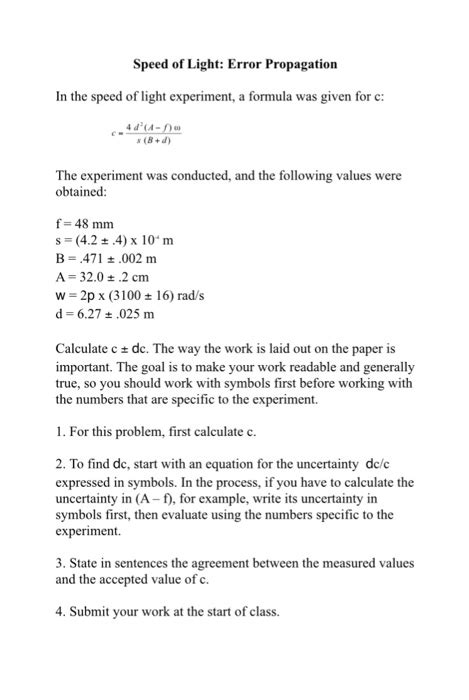 Solved Speed Of Light Error Propagation In The Speed Of