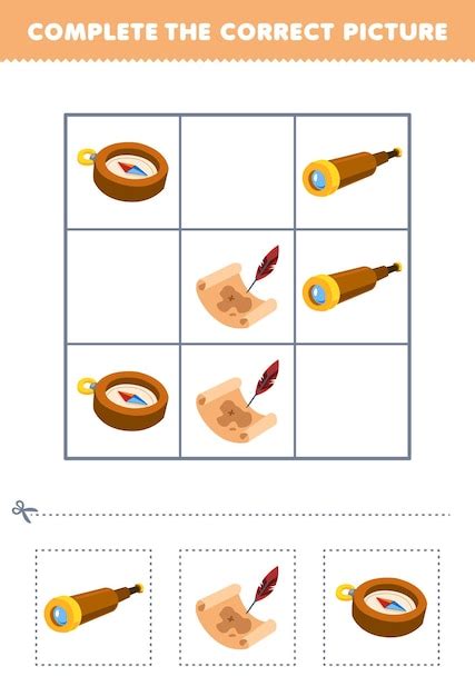 어린이를 위한 교육 게임은 귀여운 만화 망원경 보물 지도와 나침반 인쇄 가능한 해적 워크시트의 정확한 그림을 완성합니다 프리미엄 벡터