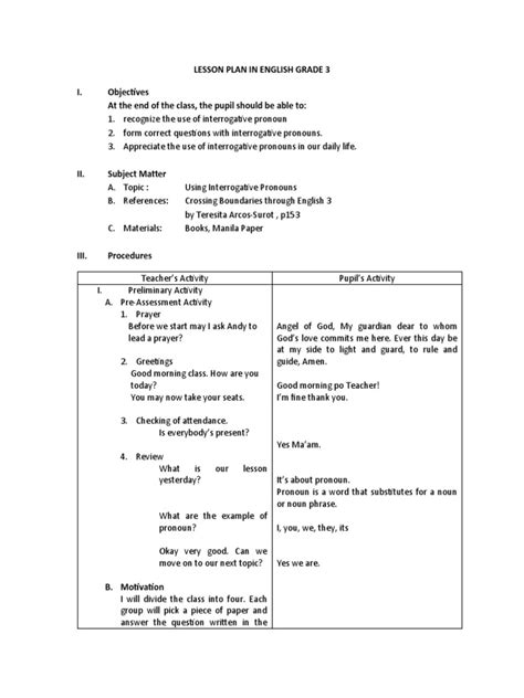 Lesson Plan In English Grade 3 Pdf Pronoun Question