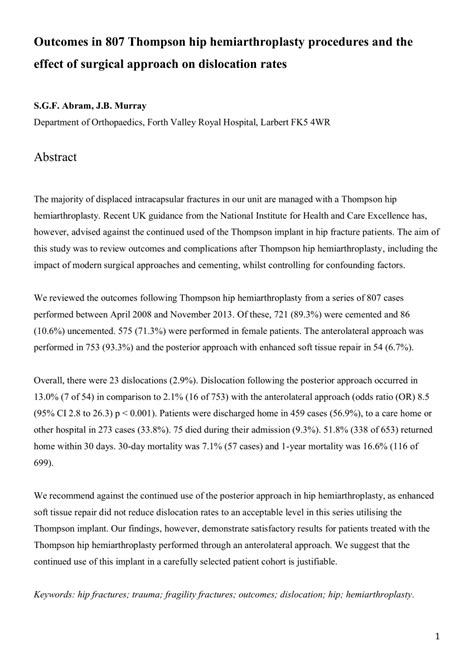 Pdf Outcomes In 807 Thompson Hip Hemiarthroplasty Procedures And The