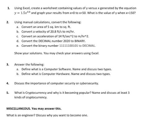 solved 1 using excel create a worksheet containing values