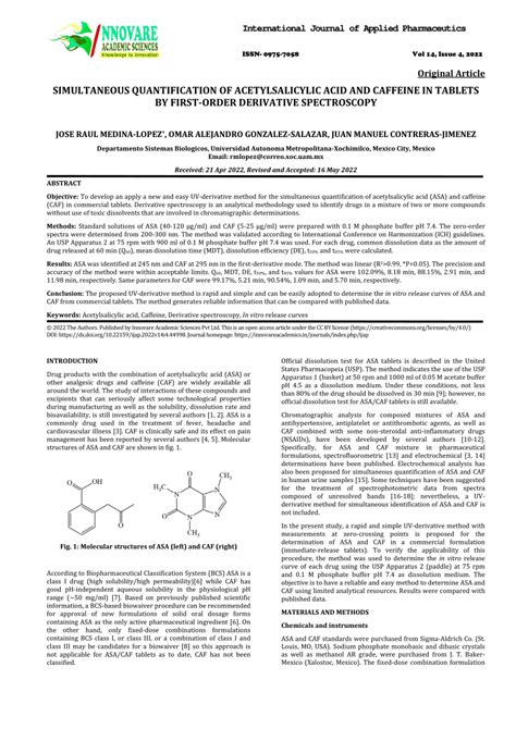 Pdf Simultaneous Quantification Of Acetylsalicylic Acid And Caffeine In Tablets By First Order