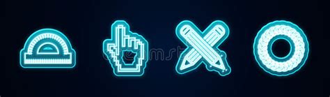 Set Line Protractor Grid Pixel Hand Cursor Crossed Pencil And Laurel Wreath Glowing Neon Icon