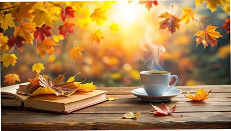 A Cup Of Coffee And Book On A Table With Autumn Leaves Premium Ai