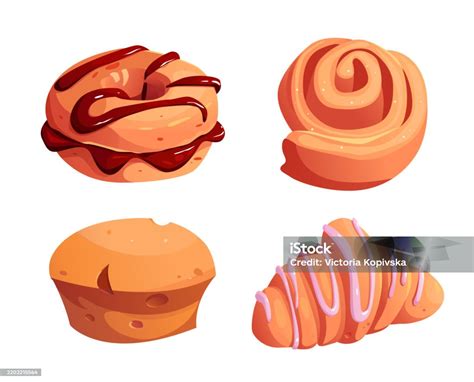 맛있는 신선한 패스트리 세트 베이커리 제품 도넛 프렌치 바닐라 롤빵 크루아상 머핀 달콤한 음식 아이콘입니다 만화 스타일의 벡터 일러스트 레이 션 갈색에 대한 스톡 벡터 아트