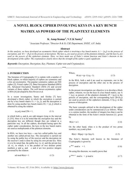 A Novel Block Cipher Involving Keys In A Key Bunch Pdf Web Development Internet