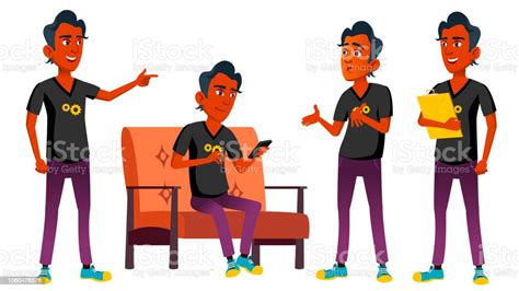 십 대 소년 포즈 설정된 벡터 인도 힌두교 아시아 아름다움 라이프 스타일입니다 대 한 웹 포스터 소책자 디자인 격리 된 만화 일러스트 레이 션 걷기에 대한 스톡 벡터 아트