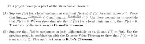 Solved This Project Develops A Proof Of The Mean Value Chegg Com