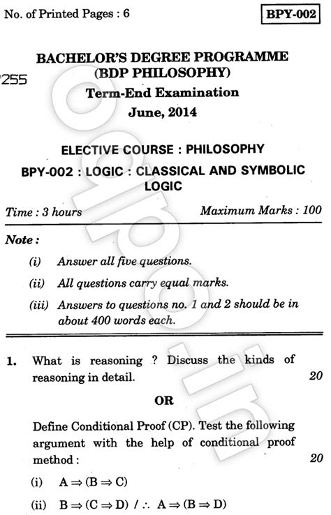 Ignou Bpy 002 Classical And Symbolic Logic Question Paper June 2014