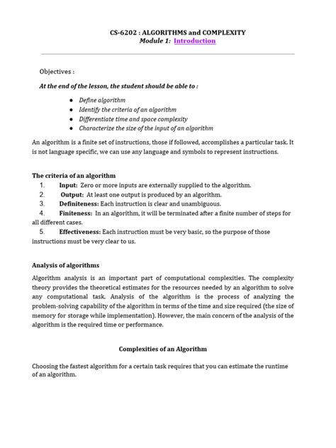 Week 1 Module 1 Introduction To Algorithms And Complexity Pdf Algorithms Computational