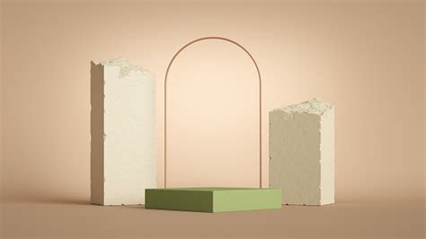 3d 렌더링 빈 녹색 연단 황금 아치와 깨진 돌과 바위와 추상현대 미니멀 베이지 배경 제품 프레젠테이션을 위한 쇼케이스 장면 0