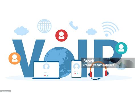 Voip 또는 전화 통신 체계 기술과 네트워크 전화 통화 소프트웨어를 가진 인터넷 프로토콜을 통해 음성 템플릿 손으로 그린 만화 플랫 일러스트 레이 션 0명에 대한 스톡