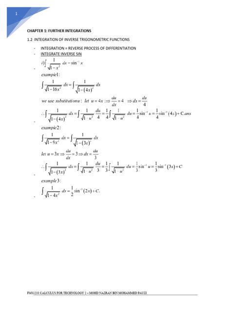 Chapter 1 Futher Integration Integration Of Inverse Trigonometric Functions Pdf