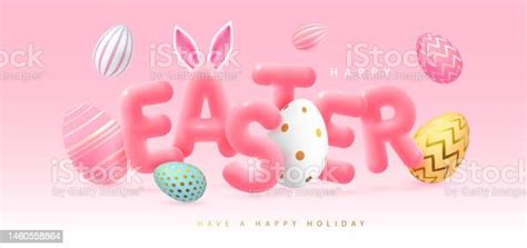 화려한 부활절 달걀과 3d 텍스트가 있는 행복한 부활절 타이포그래피 배경 인사말 카드 또는 포스터 벡터 그림 3월에 대한 스톡 벡터 아트 및 기타 이미지 Istock
