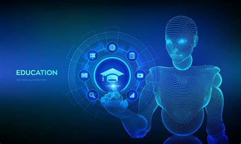 교육 혁신적인 온라인 E러닝 기술 개념 웨비나 지식 온라인 교육 과정 기술 개발 디지털 인터페이스를 만지는 와이어 프레임