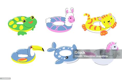 팽창식 고무 수영 링 여름 물 해변 장난감 개구리 유니콘 알파카 라마 호랑이 투칸 고래의 형태로 동그라미 흰색에 만화 플랫 스타일로 스톡 벡터 일러스트레이션 세트 고무에