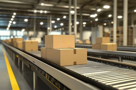 Stacked Cardboard Boxes Move On Conveyor Belt Inside Modern Warehouse Automated Logistics