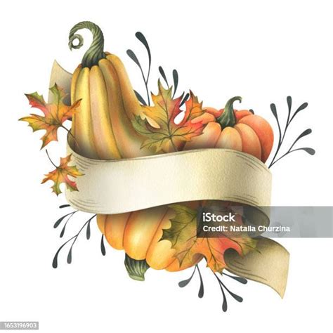 단풍잎 나뭇가지 종이가 있는 주황색 가을 호박은 텍스트를 위한 빈 템플릿입니다 수채화 그림 손으로 그린 흰색 배경에 격리된