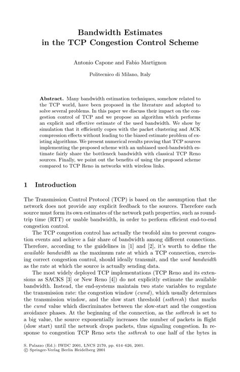 pdf bandwidth estimates in the tcp congestion control scheme