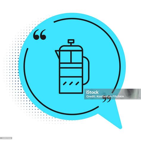 흰색 배경에 격리 된 블랙 라인 프랑스어 프레스 아이콘 파란색 음성 버블 기호입니다 벡터 일러스트레이션 검은색에 대한 스톡 벡터