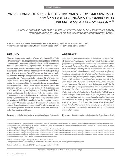 Pdf Surface Arthroplasty For Treating Primary And Or Secondary Shoulder Osteoarthrosis By