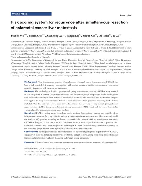 Pdf Risk Scoring System For Recurrence After Simultaneous Resection Of Colorectal Cancer Liver