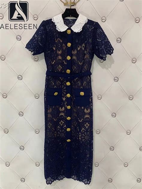 Aeleseen 여성용 레이스 자수 싱글 브레스티드 미디 드레스 우아한 슬림 파티 런웨이 패션 2022 여름