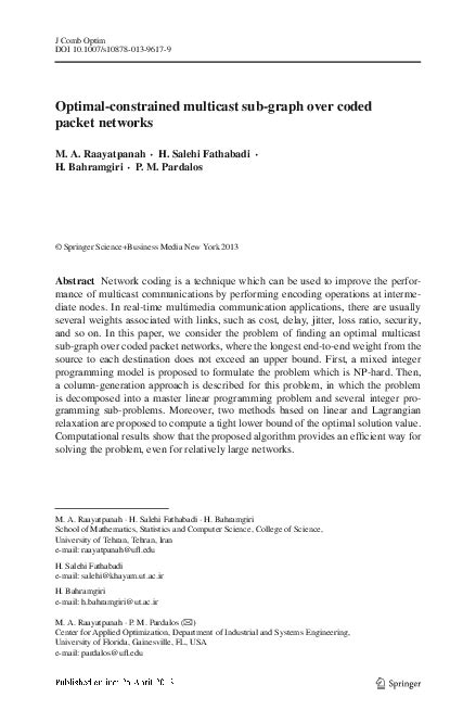 Pdf Optimal Constrained Multicast Sub Graph Over Coded Packet Networks