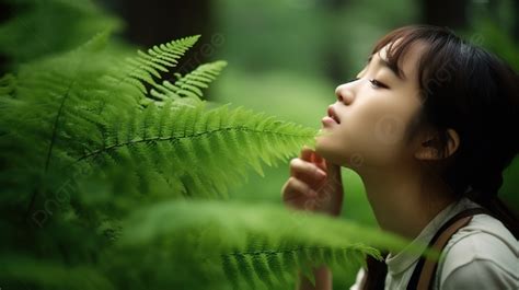 고사리의 숨결 냄새를 맡는 소녀와 함께 나뭇잎을 바라보고 있습니다 향기로운 고사리 냄새를 맡는 소녀 고화질 사진 사진 자연 속의 사람들 배경 일러스트 및 사진 무료