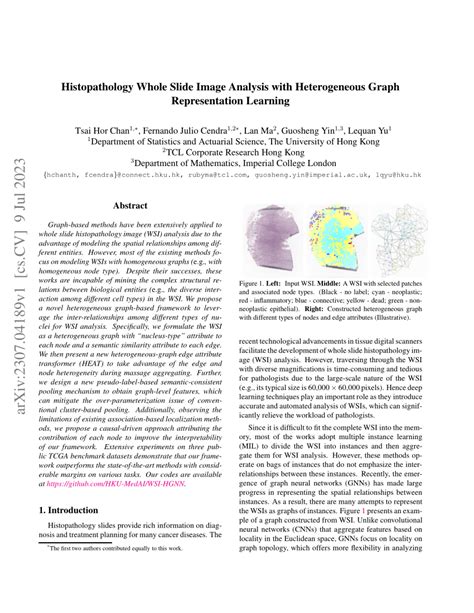 Pdf Histopathology Whole Slide Image Analysis With Heterogeneous Graph Representation Learning