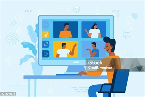 채팅 을 가진 간단한 평면 스타일의 벡터 일러스트레이션 화상 회의 및 온라인 회의 인터페이스 팀워크 및 개발 개념 배너 및 인포 그래픽 디자인 템플릿 코로나바이러스에 대한