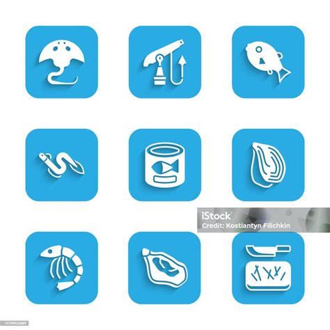 통조림 생선 홍합 도마와 칼 새우 장어 열대 및 가오리 아이콘을 설정합니다 벡터 갑각류에 대한 스톡 벡터 아트 및 기타 이미지 갑각류 건강한 생활방식 그림자 Istock