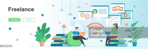 사람 캐릭터가 있는 프리랜서 방문 페이지입니다 원격 인력 아웃소싱 회사 웹 배너 개발자 팀 작업 벡터 일러스트레이션 소기업에