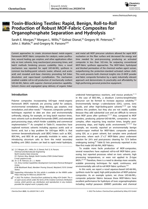 Pdf Toxin‐blocking Textiles Rapid Benign Roll‐to‐roll Production Of Robust Mof‐fabric