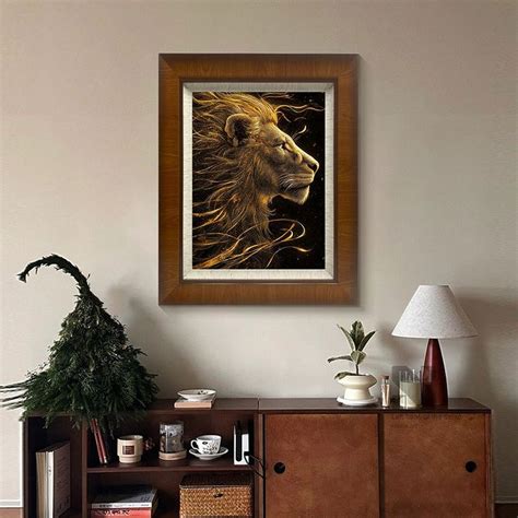 Temu｜1개 무테 캔버스 유화 검은색과 황금색 사자 섬세한 털 강렬한 시선 어두운 배경 거실 침실 사무실을 위한 풍부한 질감의 추상 벽 예술 방 장식에