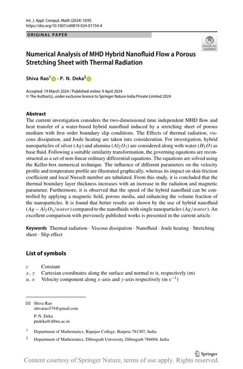 Numerical Analysis Of Mhd Hybrid Nanofluid Flow A Porous Stretching Sheet With Thermal Radiation