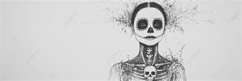Ink Art Of A Woman With Skull And Skeleton Paint On White Background