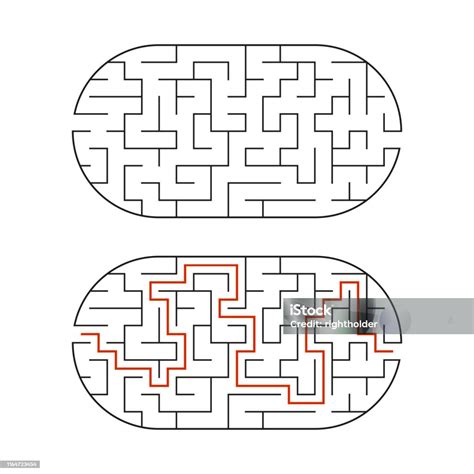 검은 타원형 미로입니다 아이들을위한 게임 아이들을위한 퍼즐 미로 수수께끼 흰색 배경에 격리된 플랫 벡터 그림입니다 대답과 함께 개념에 대한 스톡 벡터 아트 및 기타 이미지