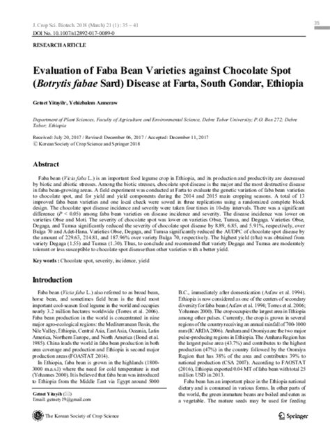 Pdf Evaluation Of Faba Bean Varieties Against Chocolate Spot Botrytis Fabae Sard Disease At