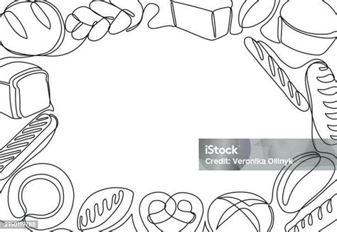 한 줄 베이커리 제품 프레임입니다 신선한 빵 빵집 메뉴 디자인 템플릿 벡터 일러스트 레이 션에 대 한 구운 식품 테두리 그리기에 대한 스톡 벡터 아트 및 기타 이미지