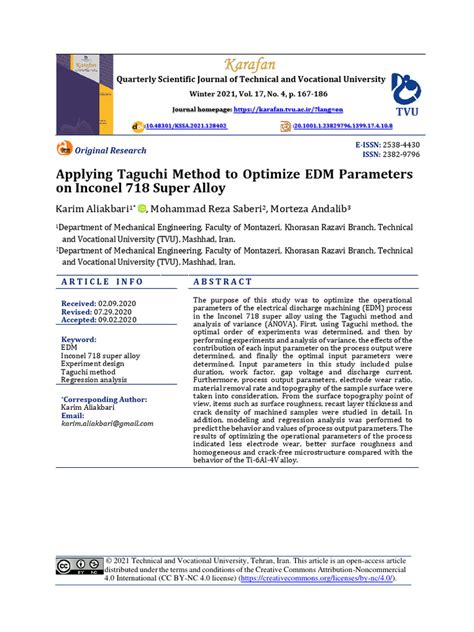 applying taguchi method to optimize edm parameters on inconel 718 super