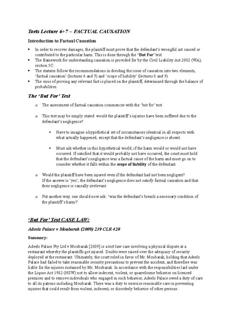 Torts Lecture Notes Torts Lecture FACTUAL CAUSATION Introduction To Factual