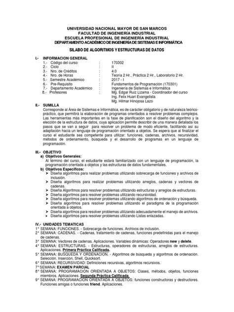 Silabo Algoritmos Y Estructuras De Datos 17 2 Industrial Pdf