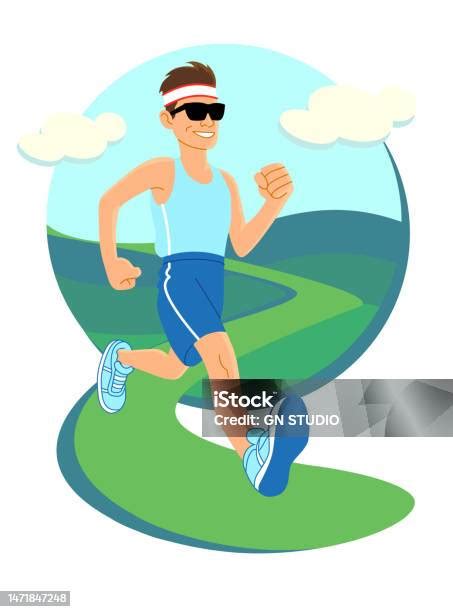 재미있는 만화 조깅하는 사람 검은 선글라스를 쓴 긍정적인 세련된 남자가 배경에서 야외에서 말린 녹색 경로를 달리는 것을 즐깁니다 스포츠 티셔츠 반바지를 착용하십시오 고립 된
